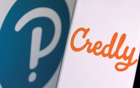 Illustration shows Pearson and Credly logos | Investor Watchlist